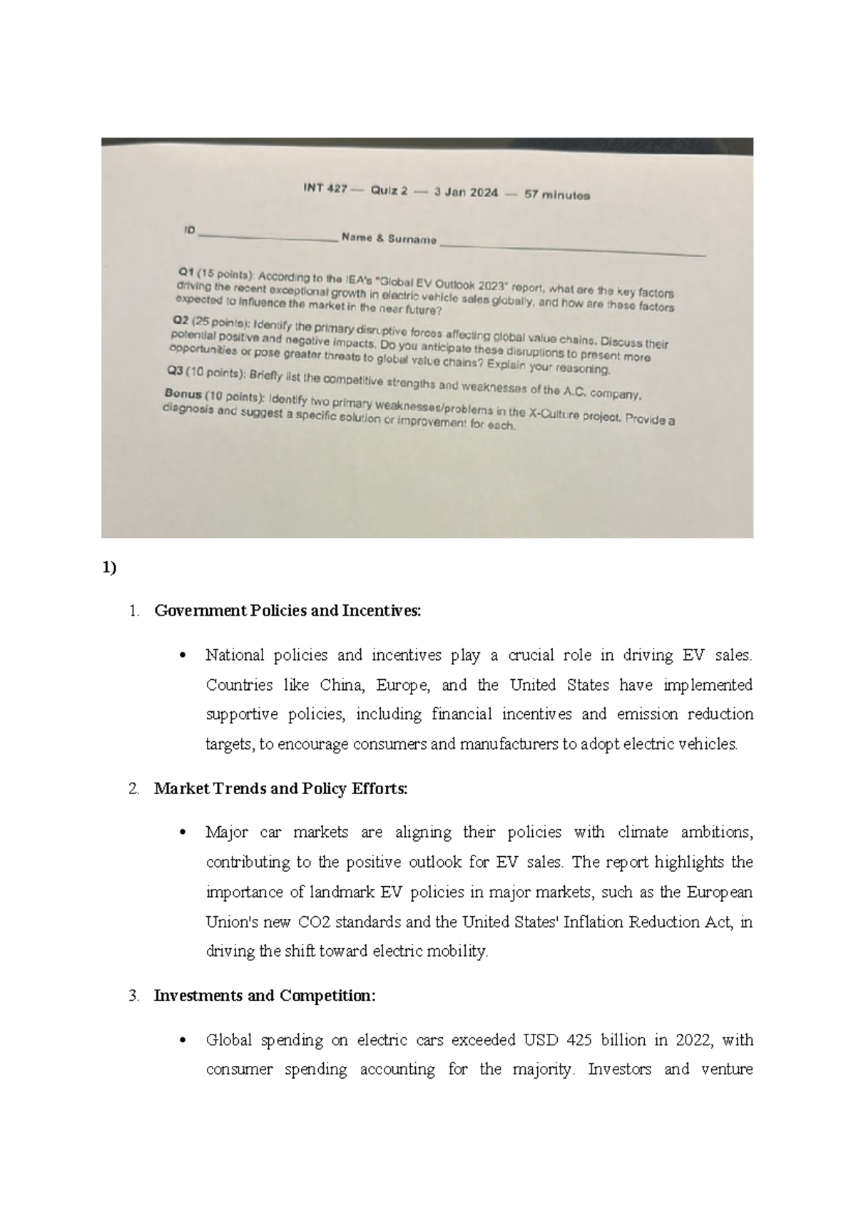 INT 427 QUIZ 2: EV Market Trends, Policies, and Communication ...
