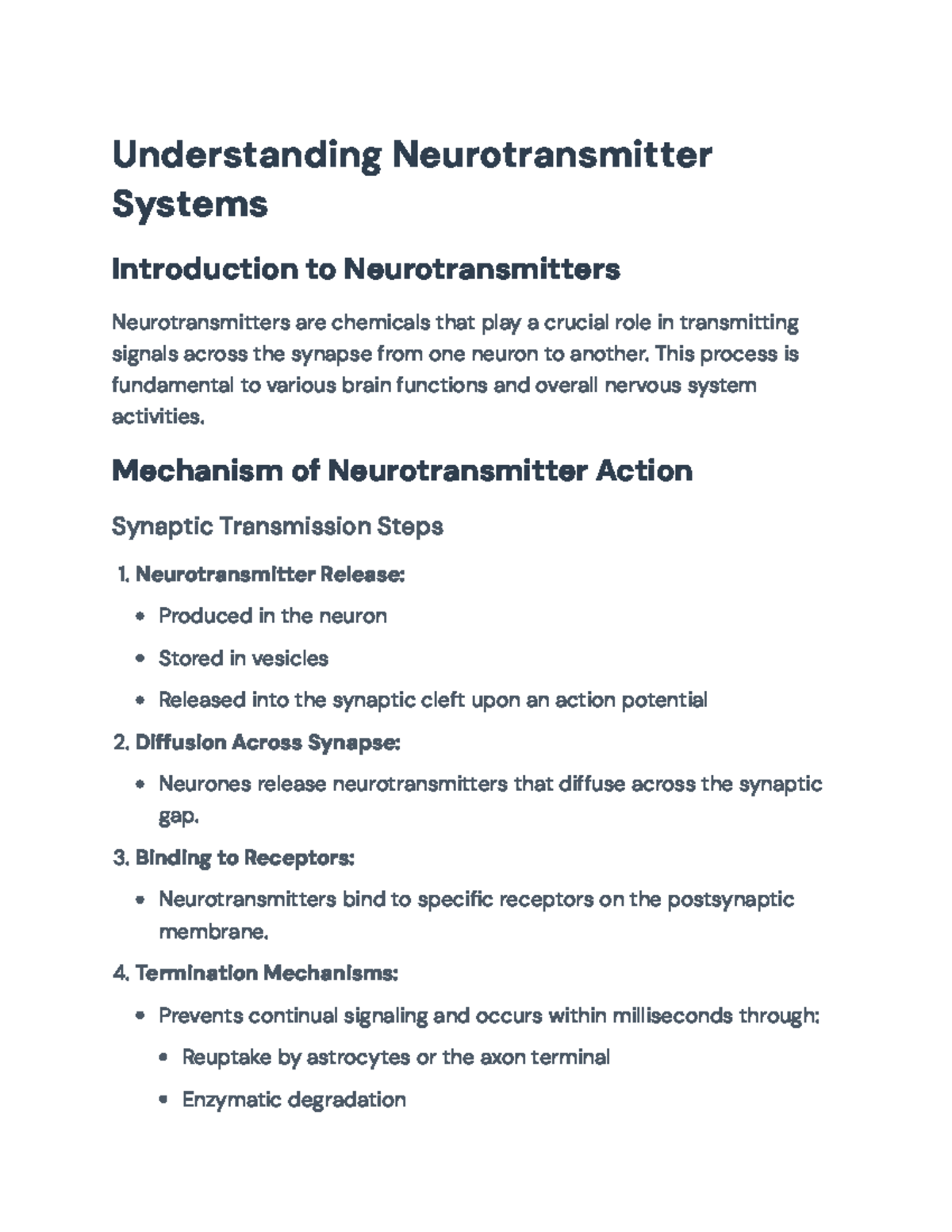 Neurotransmitter Systems: Mechanisms, Functions, and Significance - Studocu