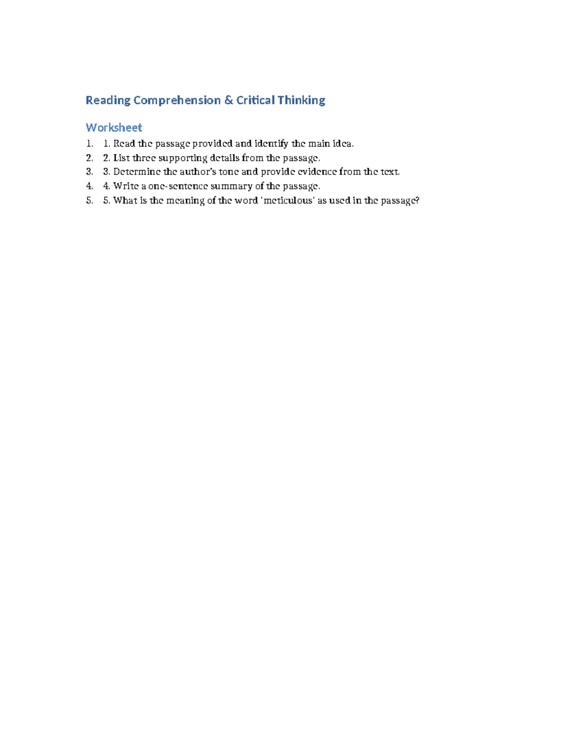 English Reading Comprehension & Critical Thinking Worksheet - Studocu