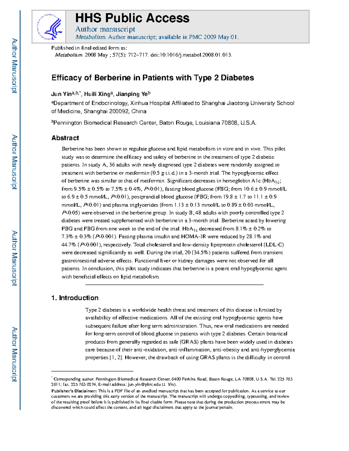 Efficacy of Berberine in Type 2 Diabetes: A Pilot Study (HHS 49995 ...