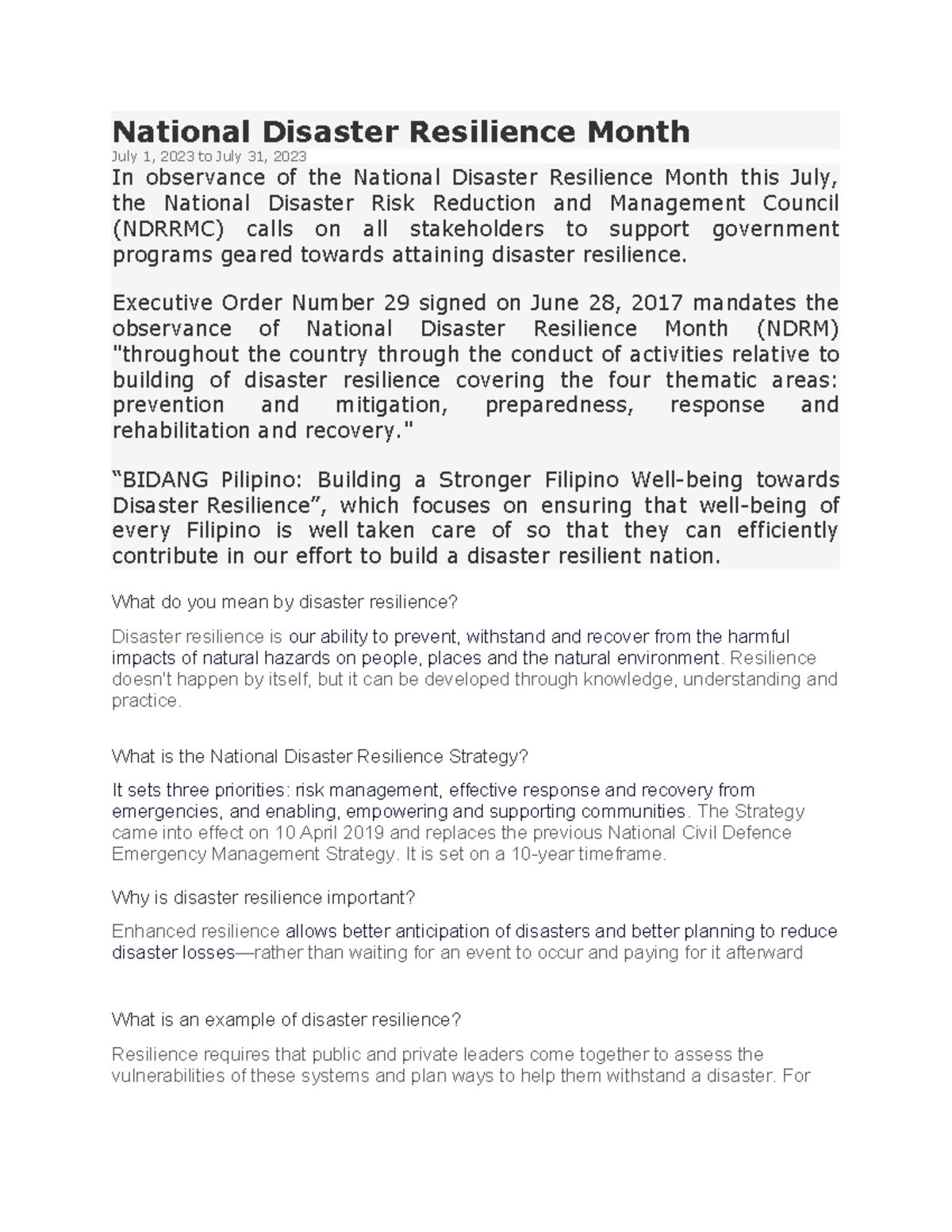 Title: National Disaster Resilience Month (NDRM) Overview and Community ...