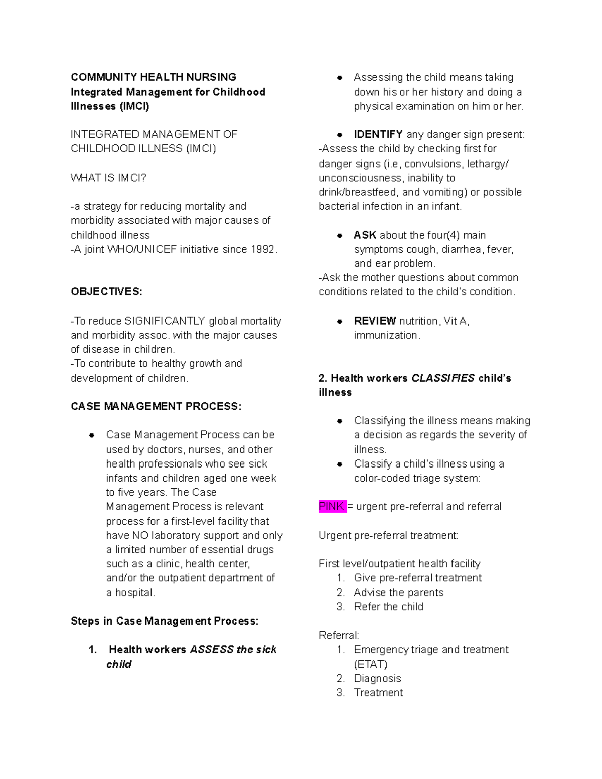 IMCI Guide for Community Health Nursing: Child Illness Management - Studocu