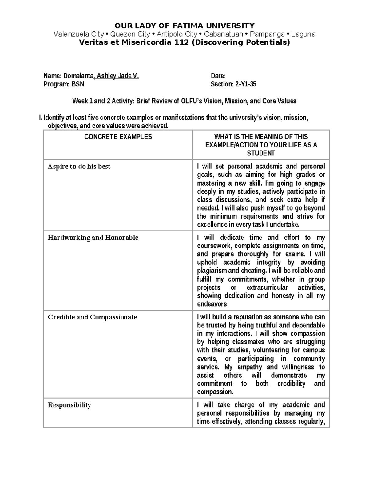 V112 Week 1-2 Review: OLFU’s Vision, Mission, and Core Values - Studocu