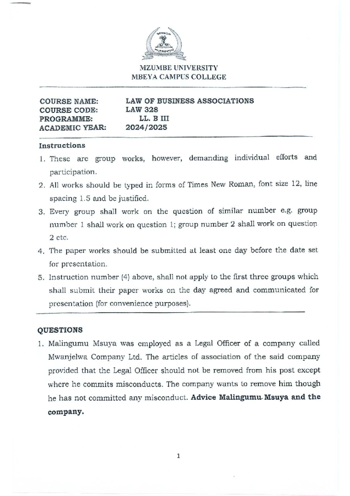 LAW 328: Group Work on Law of Business Associations at Mzumbe ...