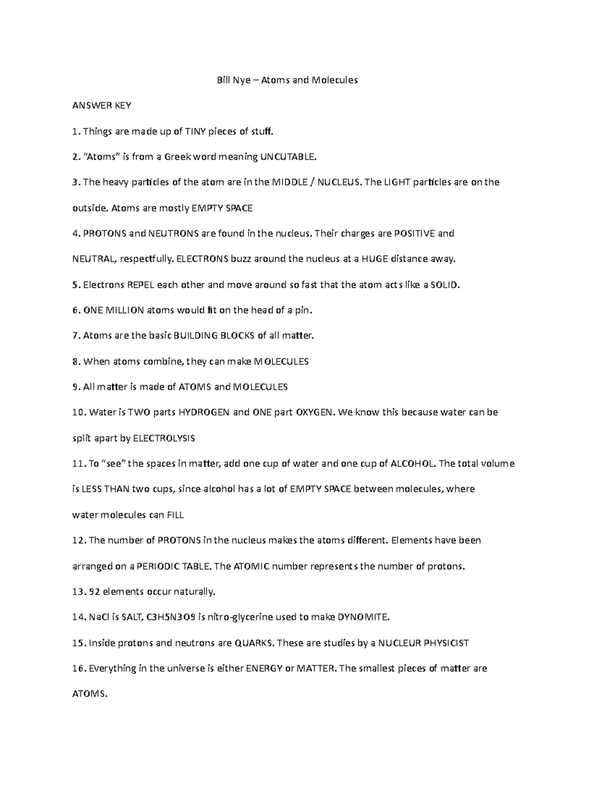Bill Nye Atoms and Molecules: Key Answers for Study Guide - Studocu