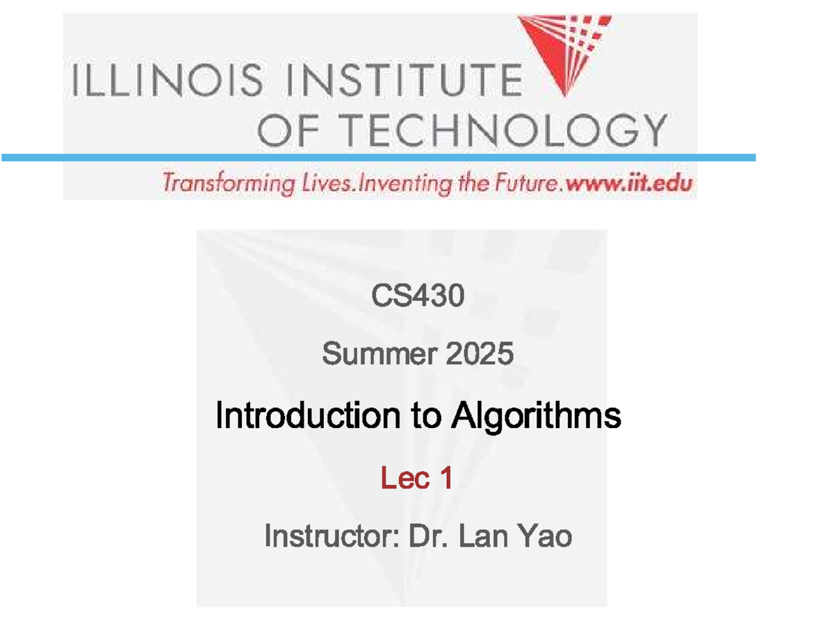 CS430 Summer 2025 Intro to Algorithms Lecture 1 Notes and Overview ...