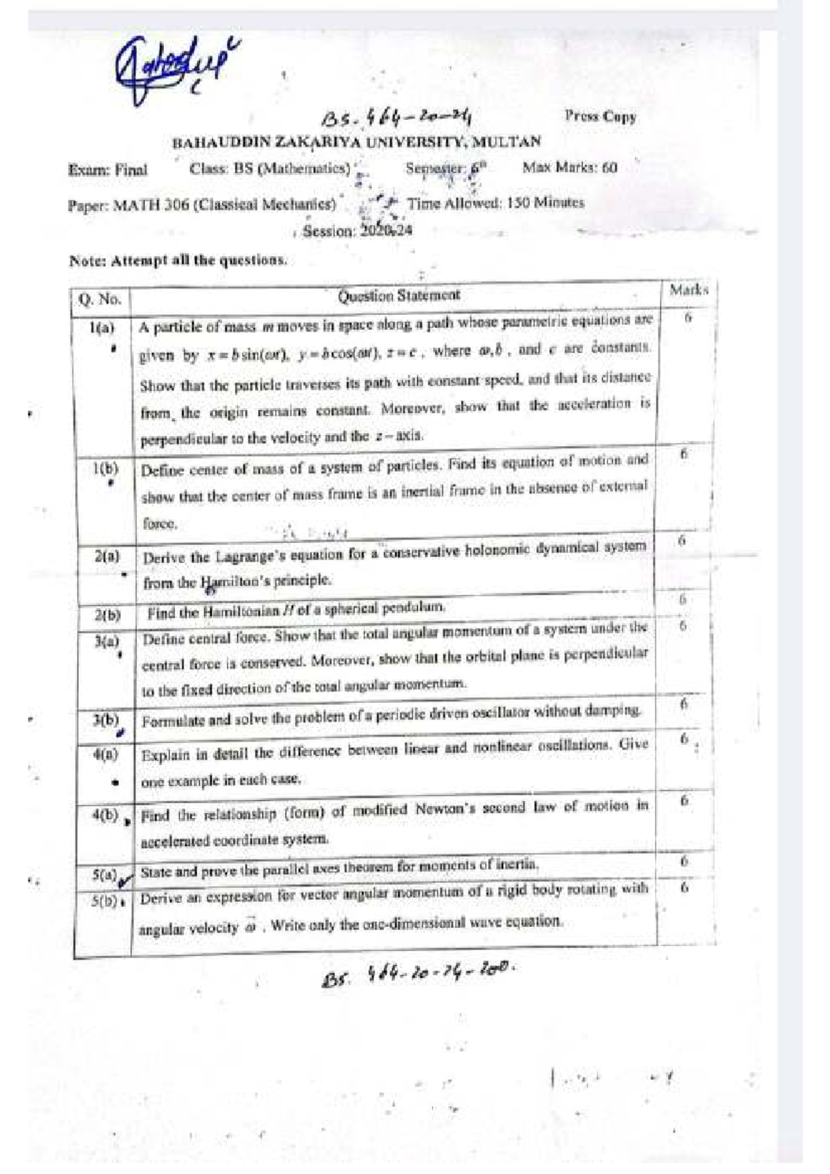 Classical Mechanics Past Exam Paper MATH 306 - BZU 2020-24 - Studocu