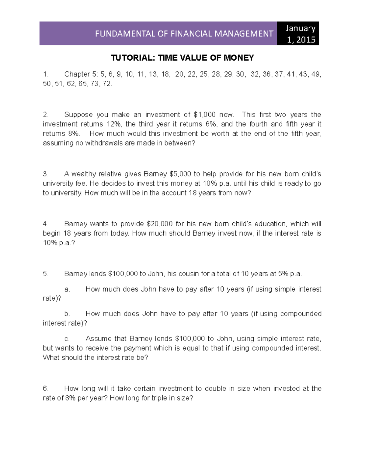 1. Tutorial TVM - TA Materials - FUNDAMENTAL OF FINANCIAL MANAGEMENT 1 ...