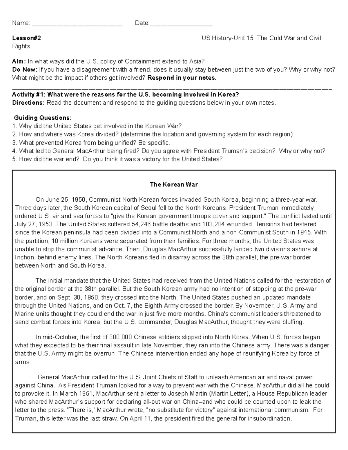 US 15: Lesson 02 - U.S. Containment Policy in Asia During the Cold War ...