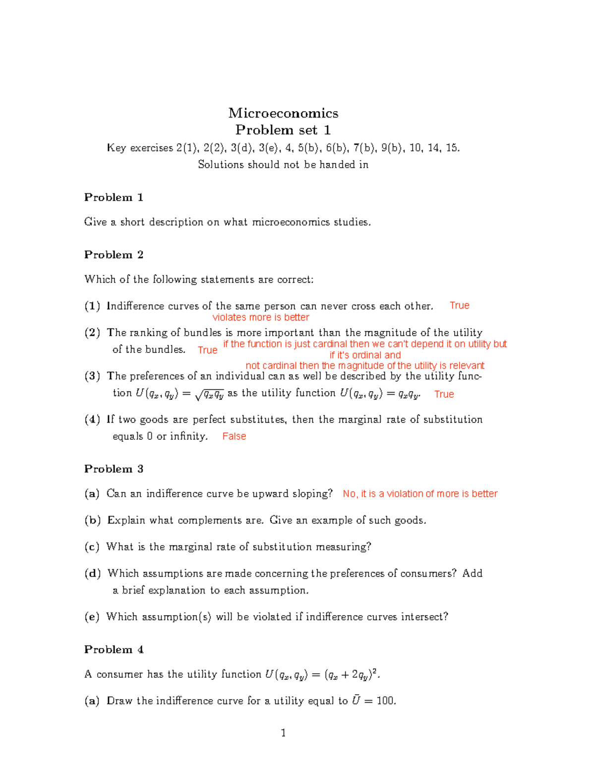 Microeconomics Problem Set 1 - Key Exercises and Solutions - Studeersnel