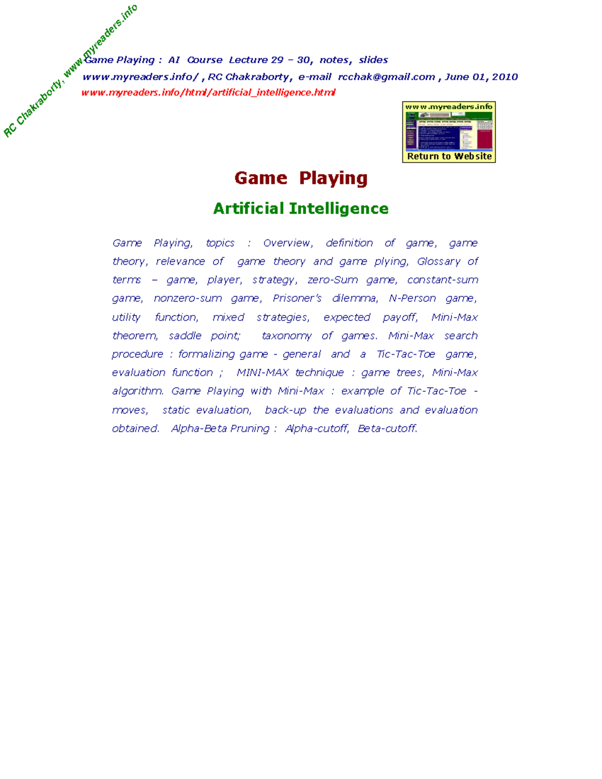 AI 05: Game Playing - Lecture Notes on Game Theory and Strategies - Studocu