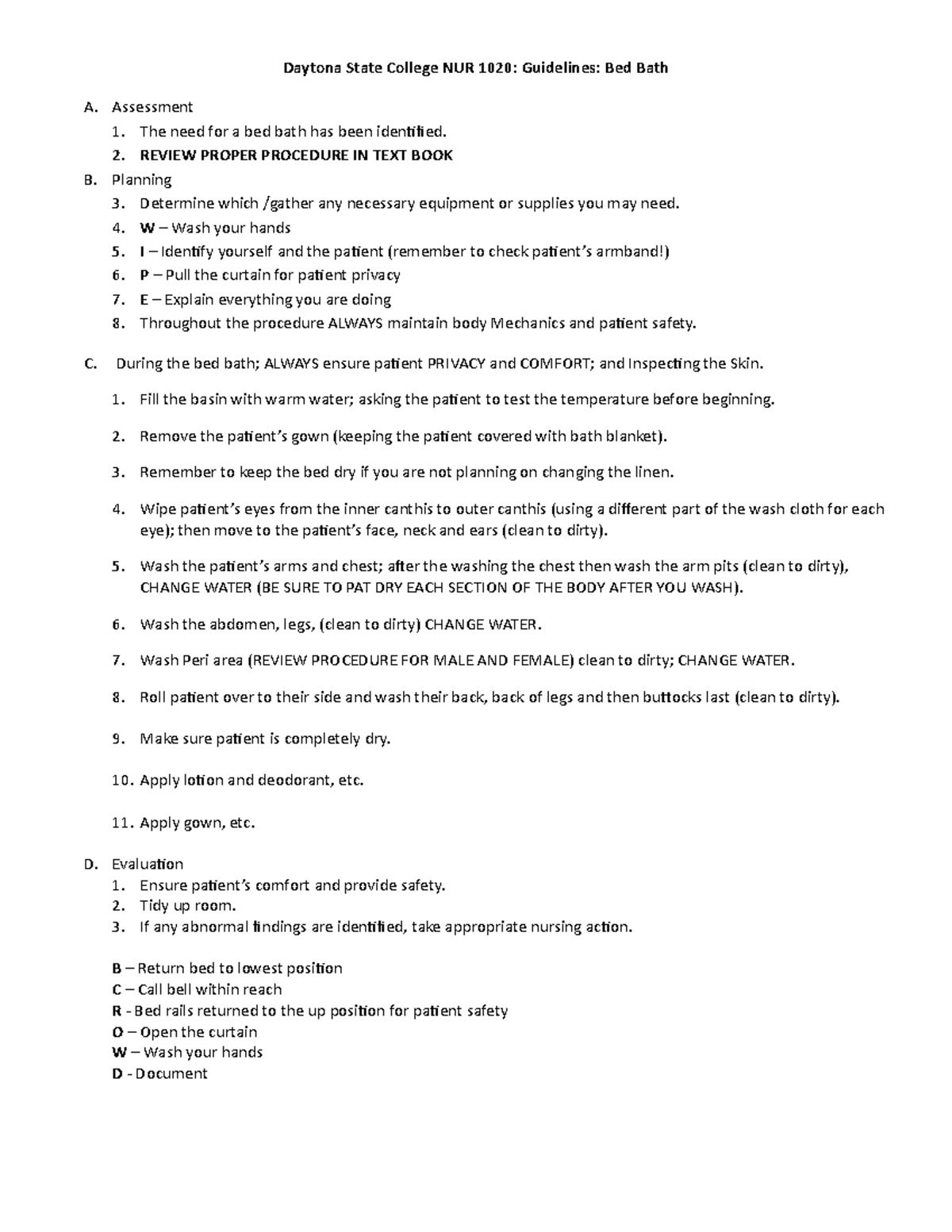 Bed bath - How to do a bed bath for clinical signoff - Daytona State ...