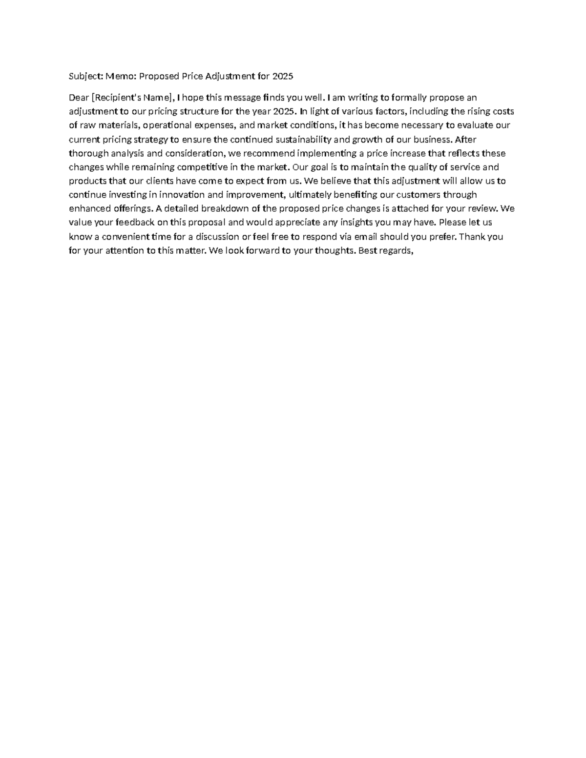 Introduction of ICT - Subject: Memo: Proposed Price Adjustment for 2025 ...