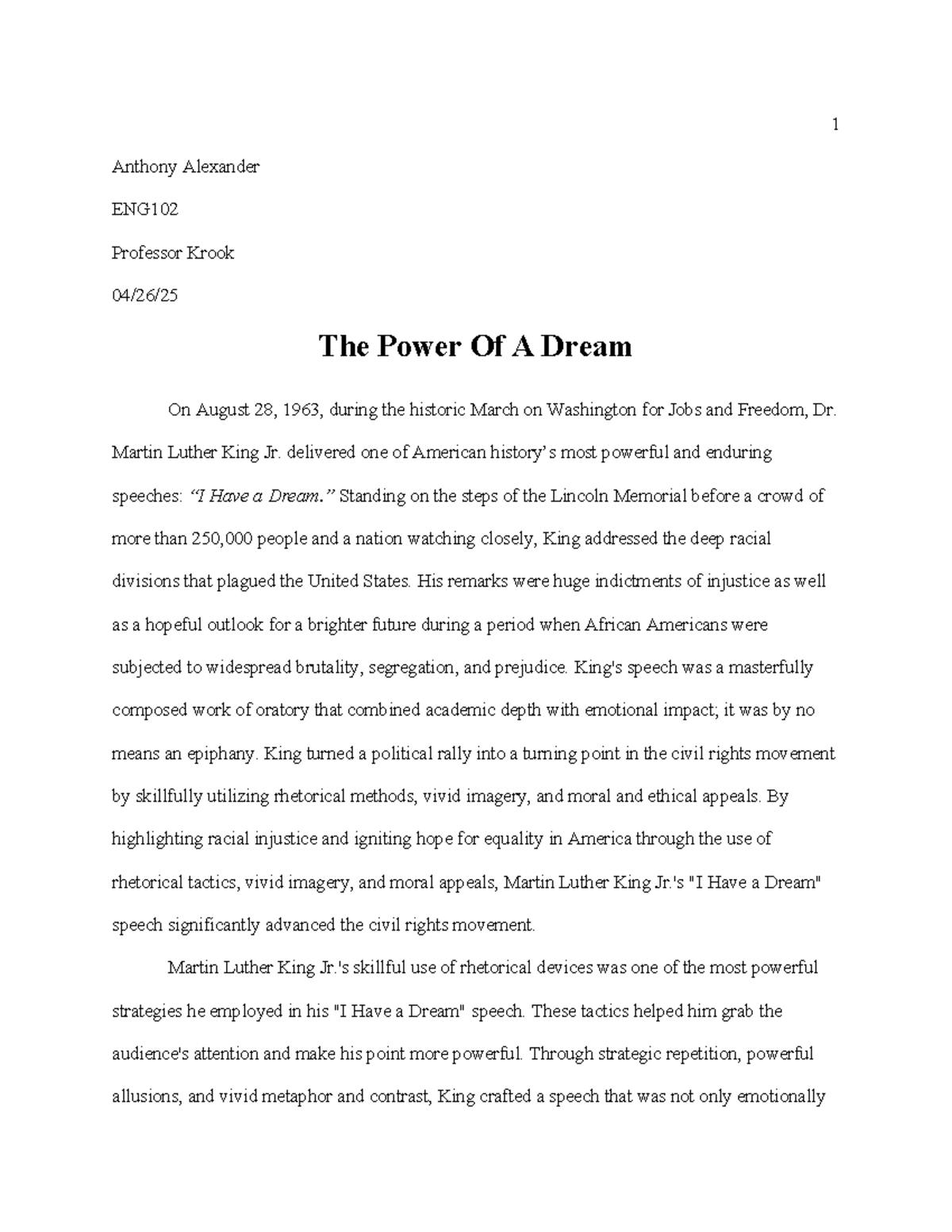 Analyzing Rhetoric & Imagery in MLK's "I Have a Dream" Speech (ENG102 ...