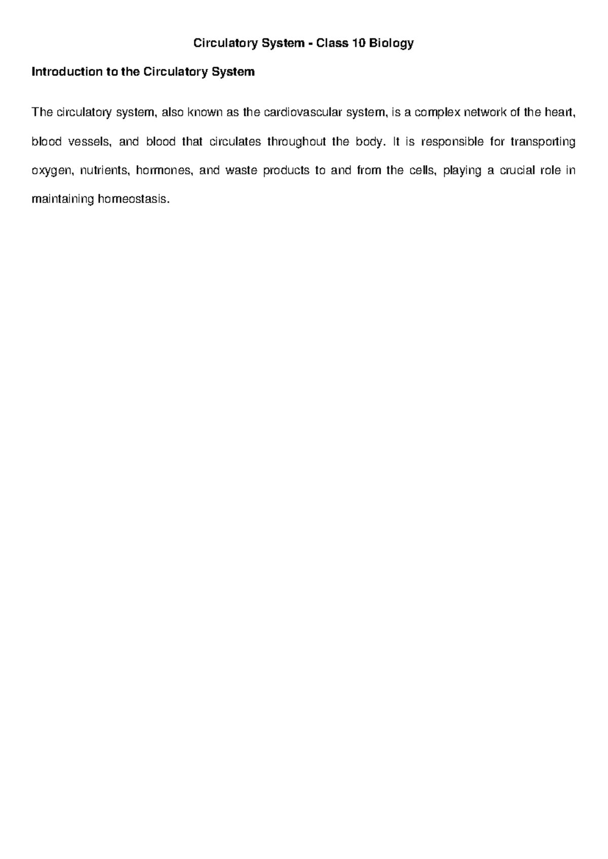 Circulatory System Class 10 - Introduction to the Circulatory System ...