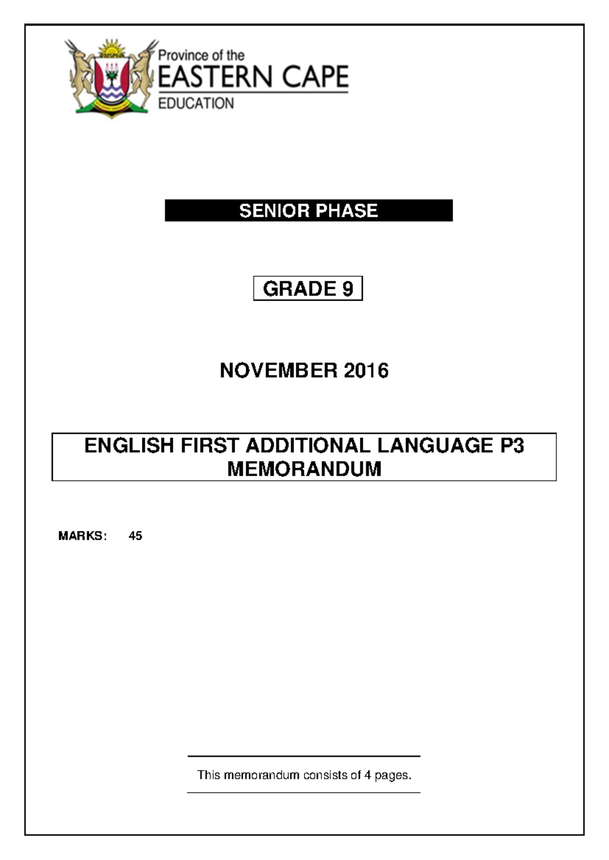ENG FAL P3 GRADE 9 NOV 2016 MEMORANDUM & ASSESSMENT RUBRICS - Studocu