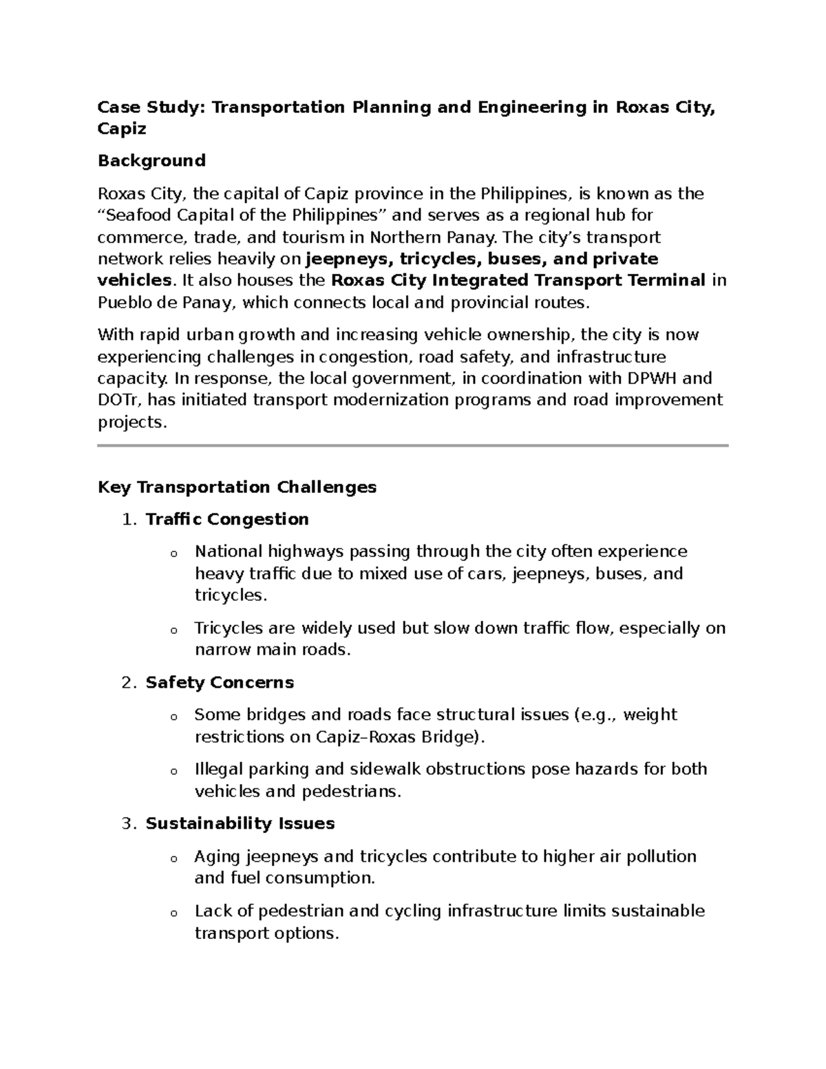Case Study: Transportation Planning in Roxas City, Capiz - Studocu