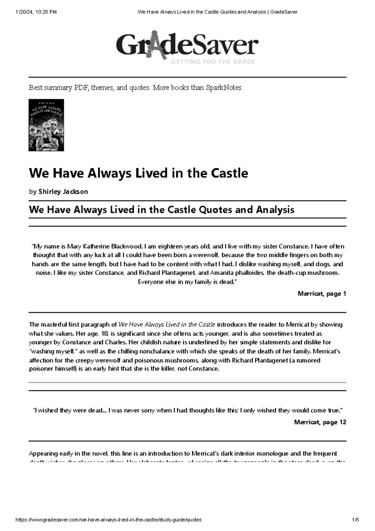 We Have Always Lived in the Castle: Key Quotes & Analysis Guide - Studocu