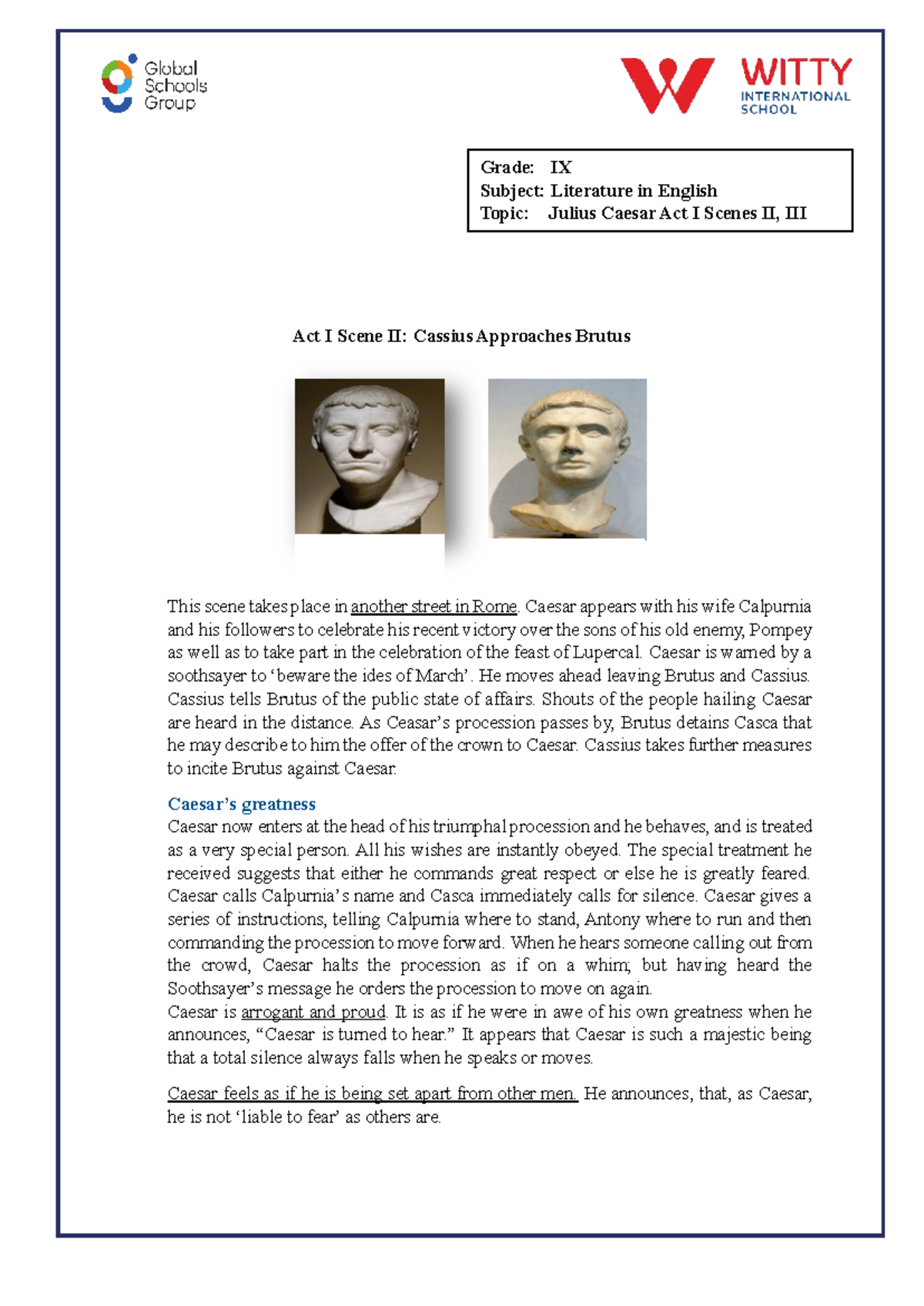 Grade IX Literature: Julius Caesar Act I Scene II Analysis Notes - Studocu