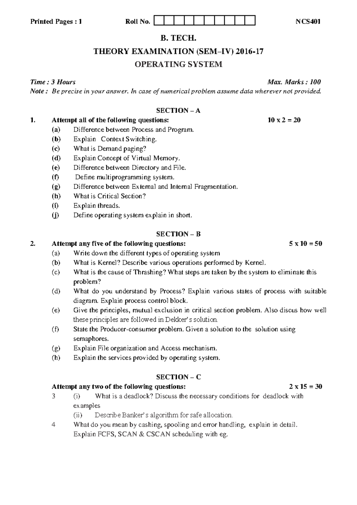 B.TECH (SEM IV) THEORY EXAMINATION OPERATING SYSTEMS - PYQ & Solutions - Studocu
