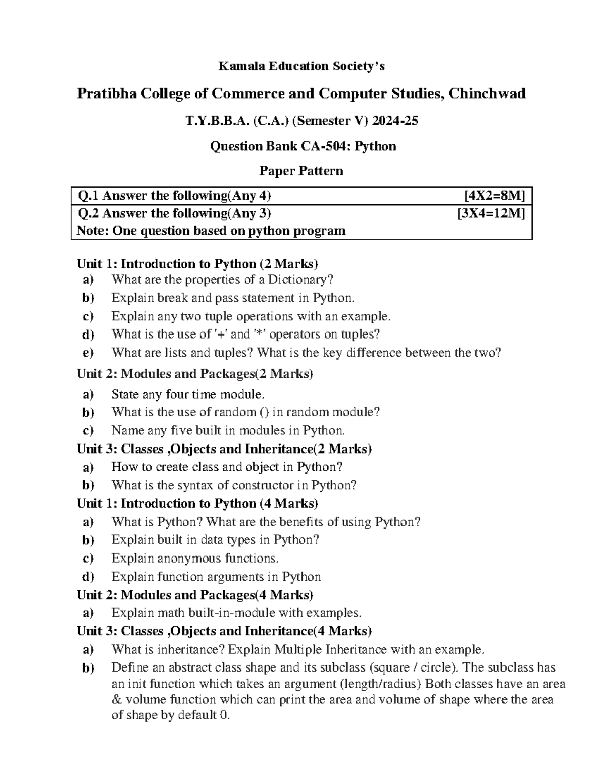CA-504 Python Question Bank: Key Topics for T.Y.B.B. Semester V Exam - Studocu