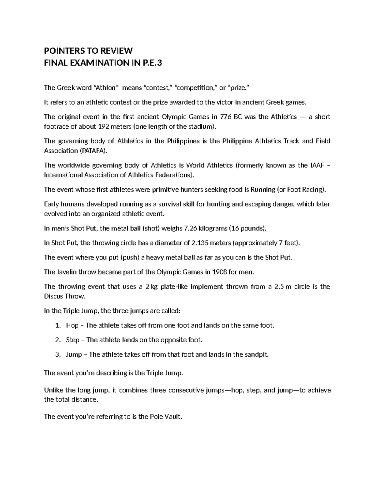 P.E.3 Final Exam Review: Key Points on Athletics Events - Studocu