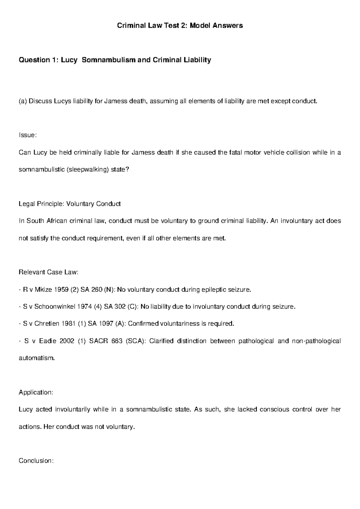 Criminal Law Test 2: Model Answers on Lucy's Liability - Studocu