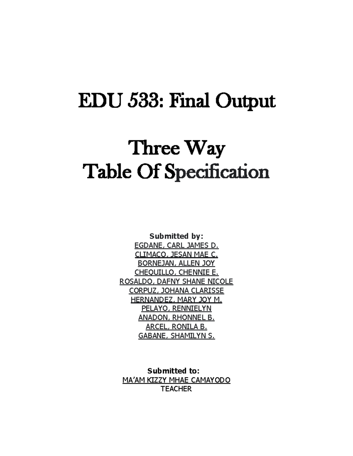 Final Output - EDU 533: Final Output Three Way Table Of Specification ...