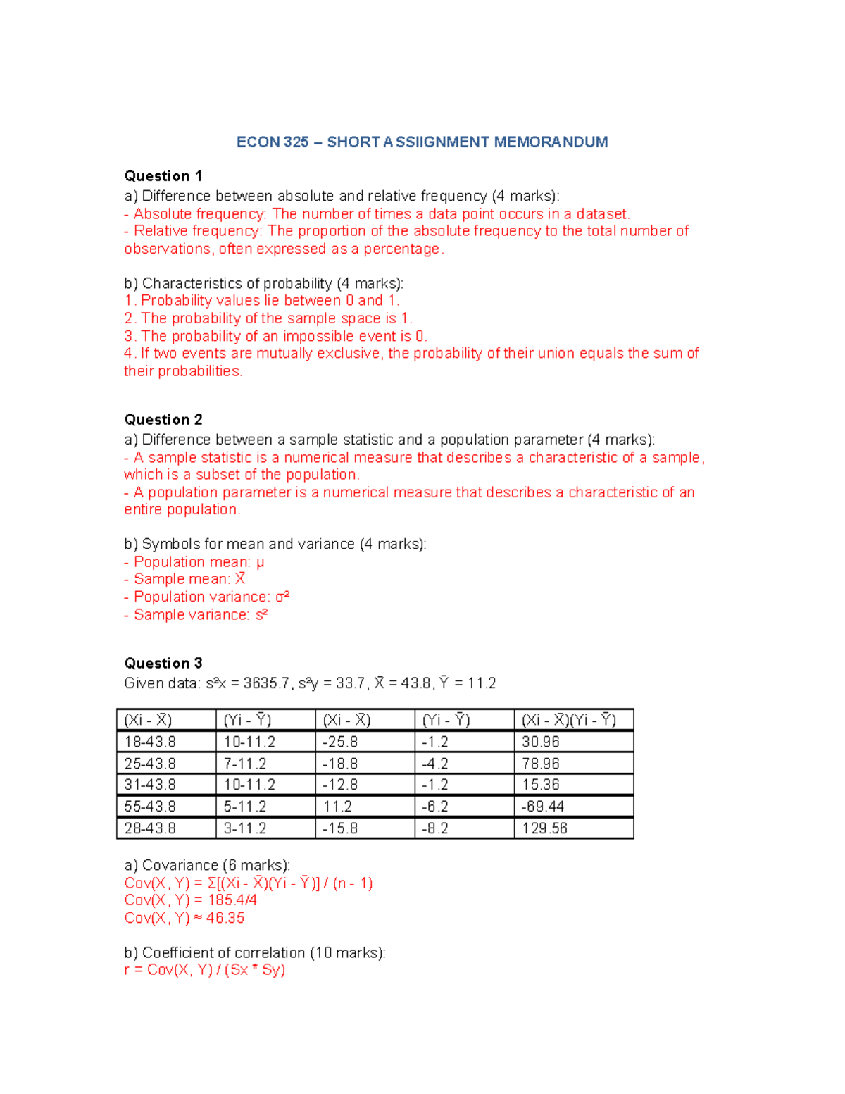 ECON 325 Short Assignment Memo: Frequency, Probability & Statistics ...