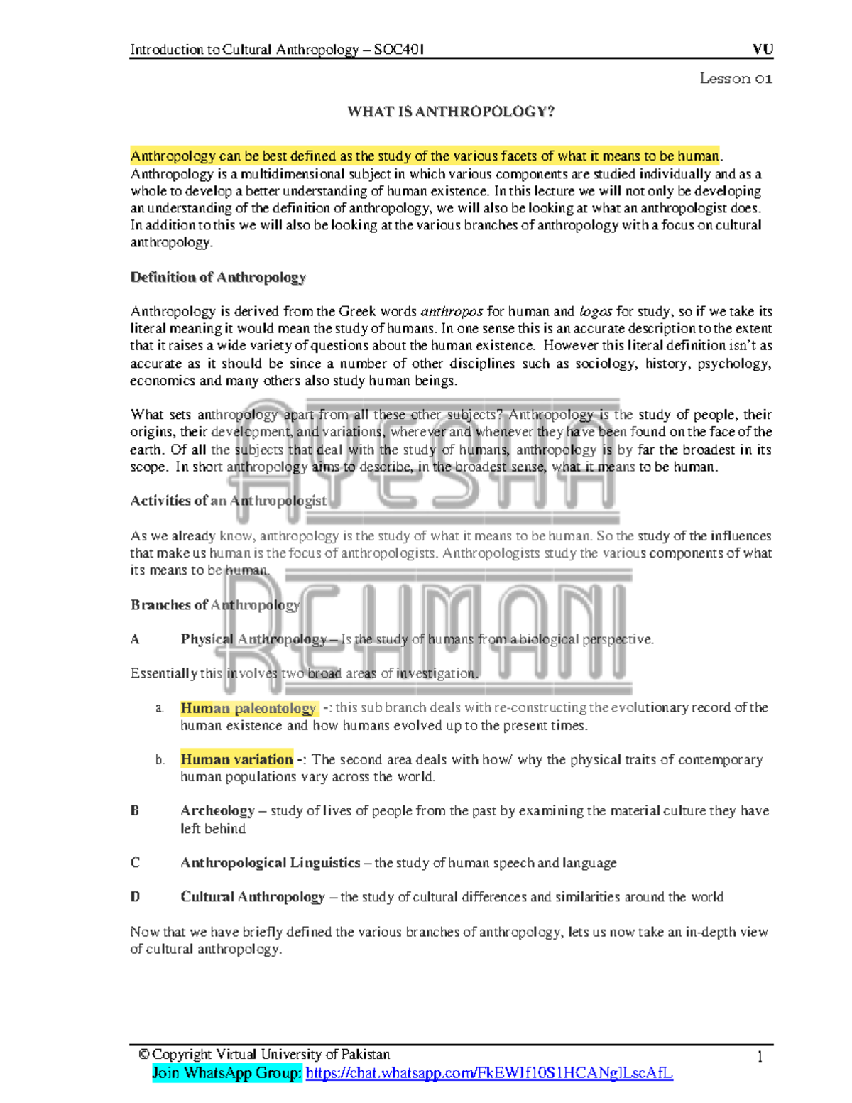 Introduction to Cultural Anthropology SOC401 VU Lesson 01: Defining ...