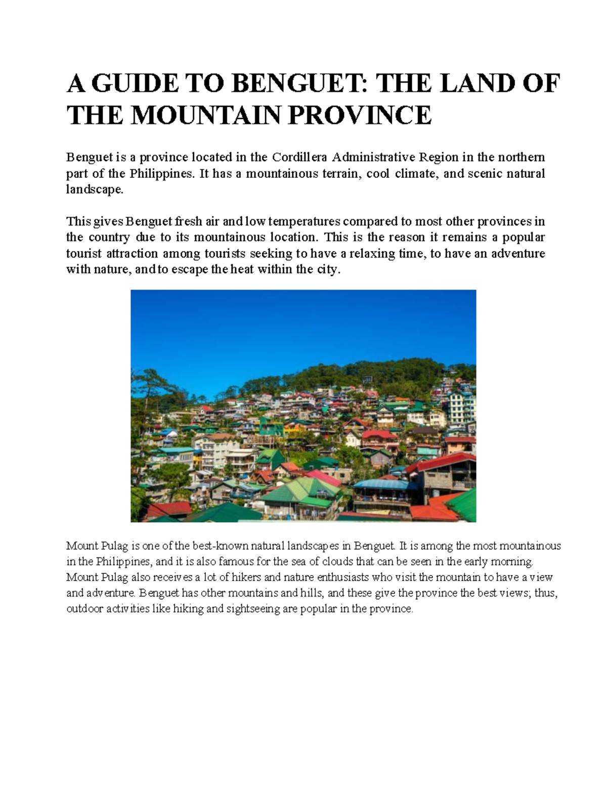 A GUIDE TO BENGUET: LAND OF MOUNTAINS & ADVENTURE - Studocu