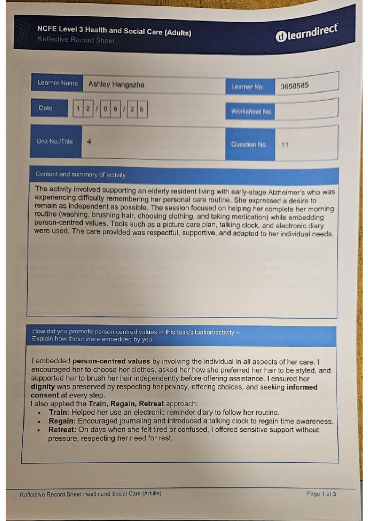 NCFE Level 3 Health and Social Care (Adults) Reflective Record Sheet ...