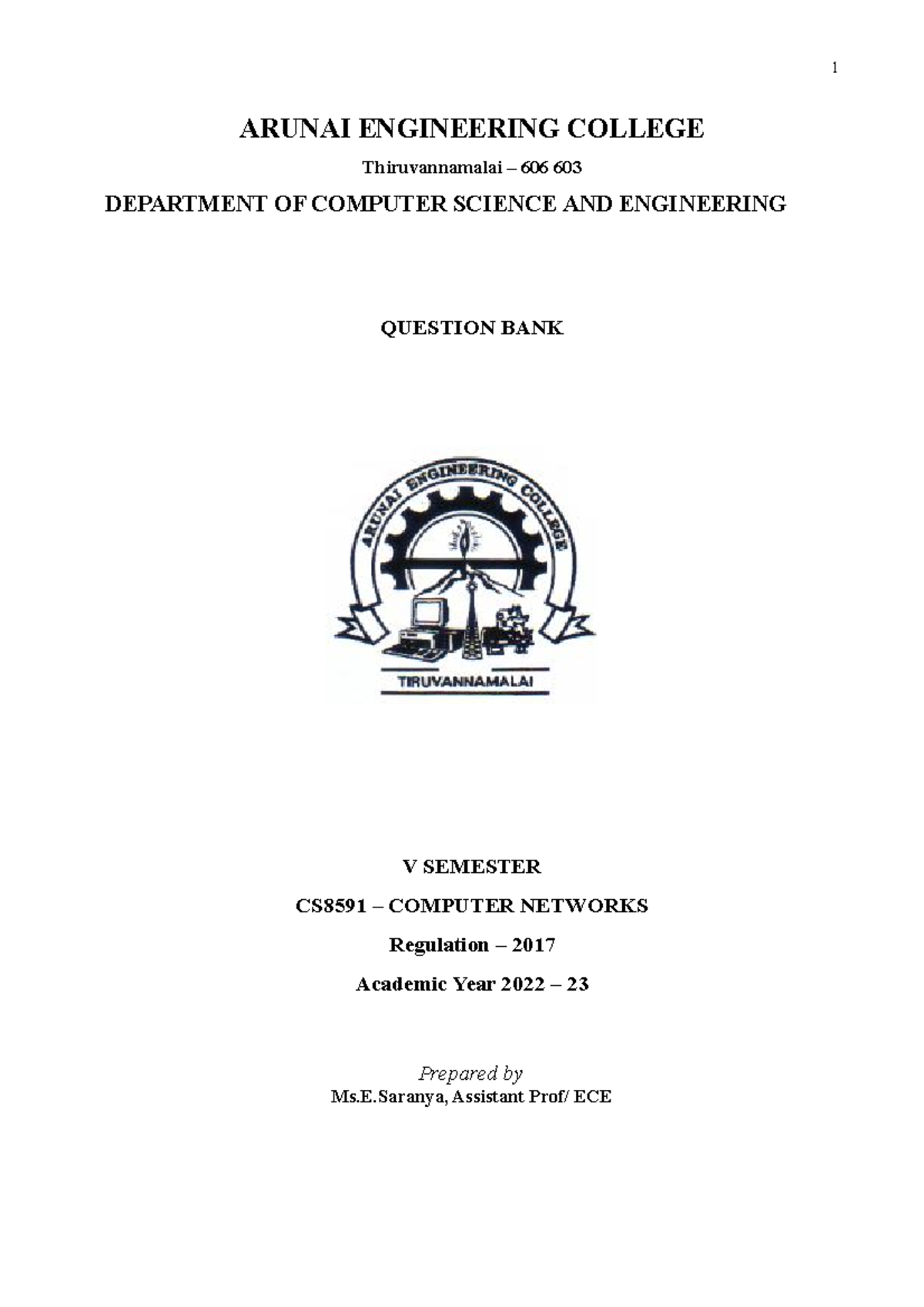 CS8591-Computer Networks Question Bank for V Semester 2022-23 - Studocu