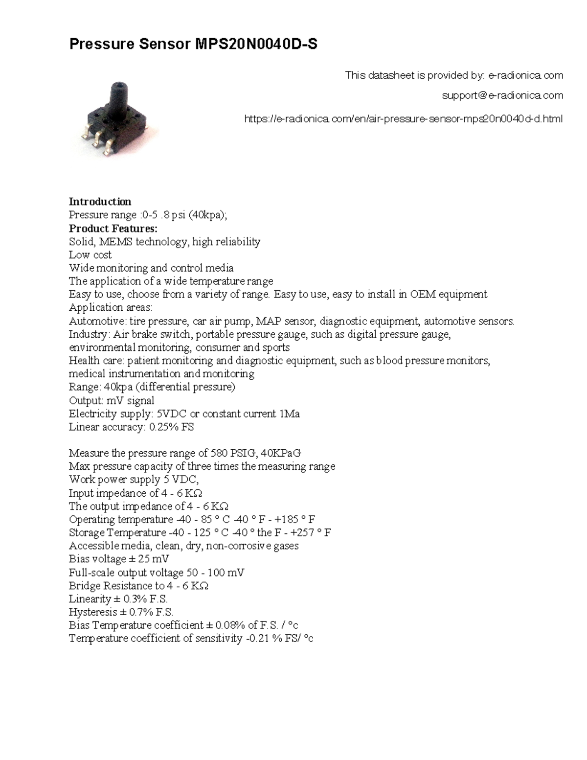 Mps20n0040d-s datasheet - Pressure Sensor MPS20N0040D-S Introduction ...