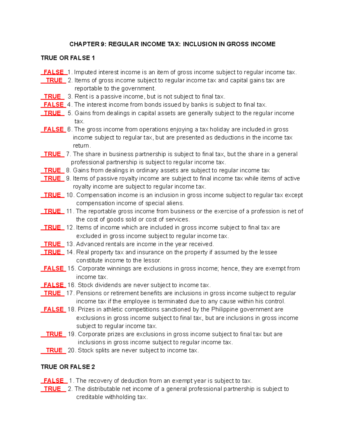 Group 4 - CHAP 9 - Income Tax True or False & Multiple Choice Answers ...
