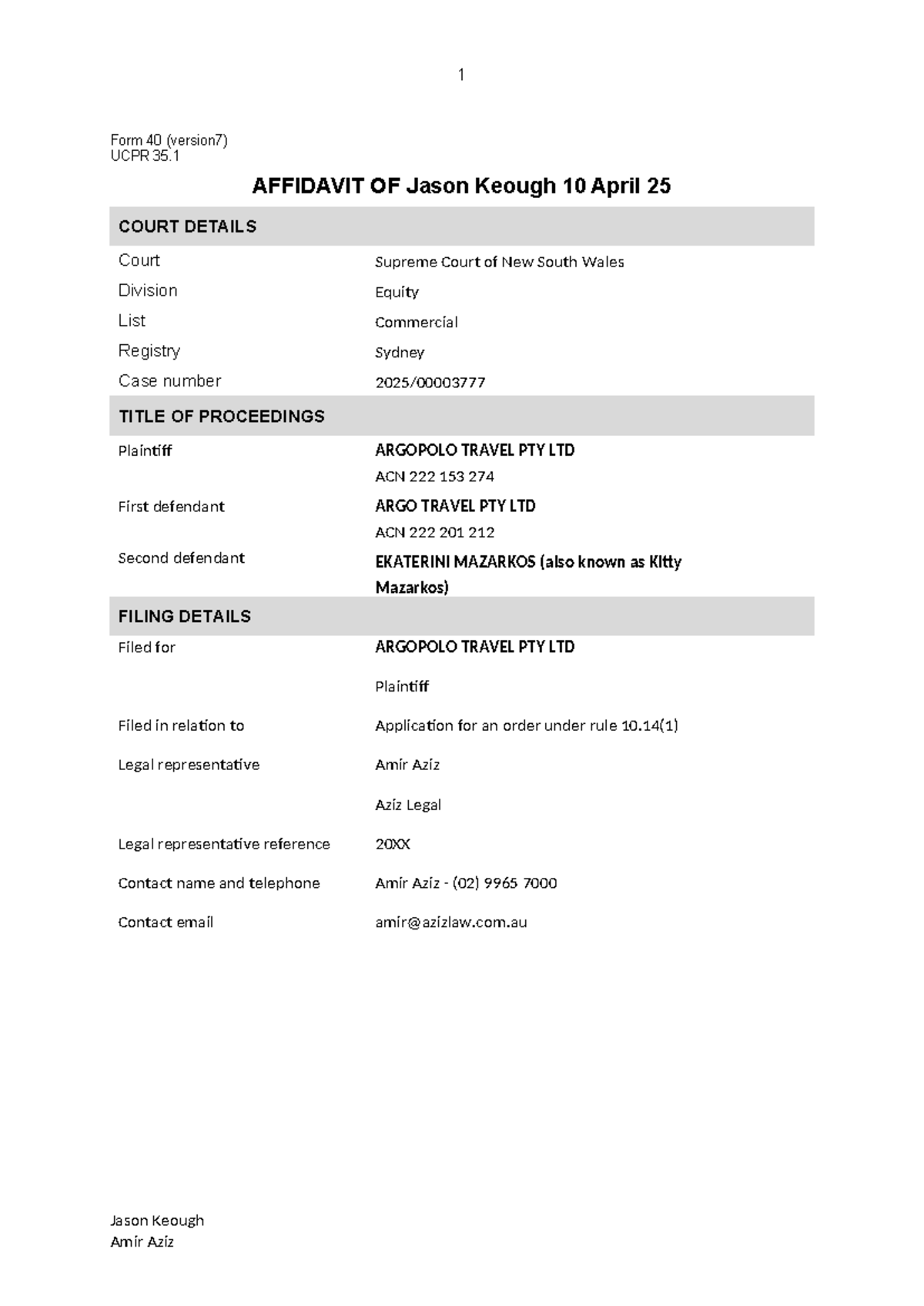 Affidavit of Jason Keough - UCPR 35.1 - Supreme Court Proceedings - Studocu