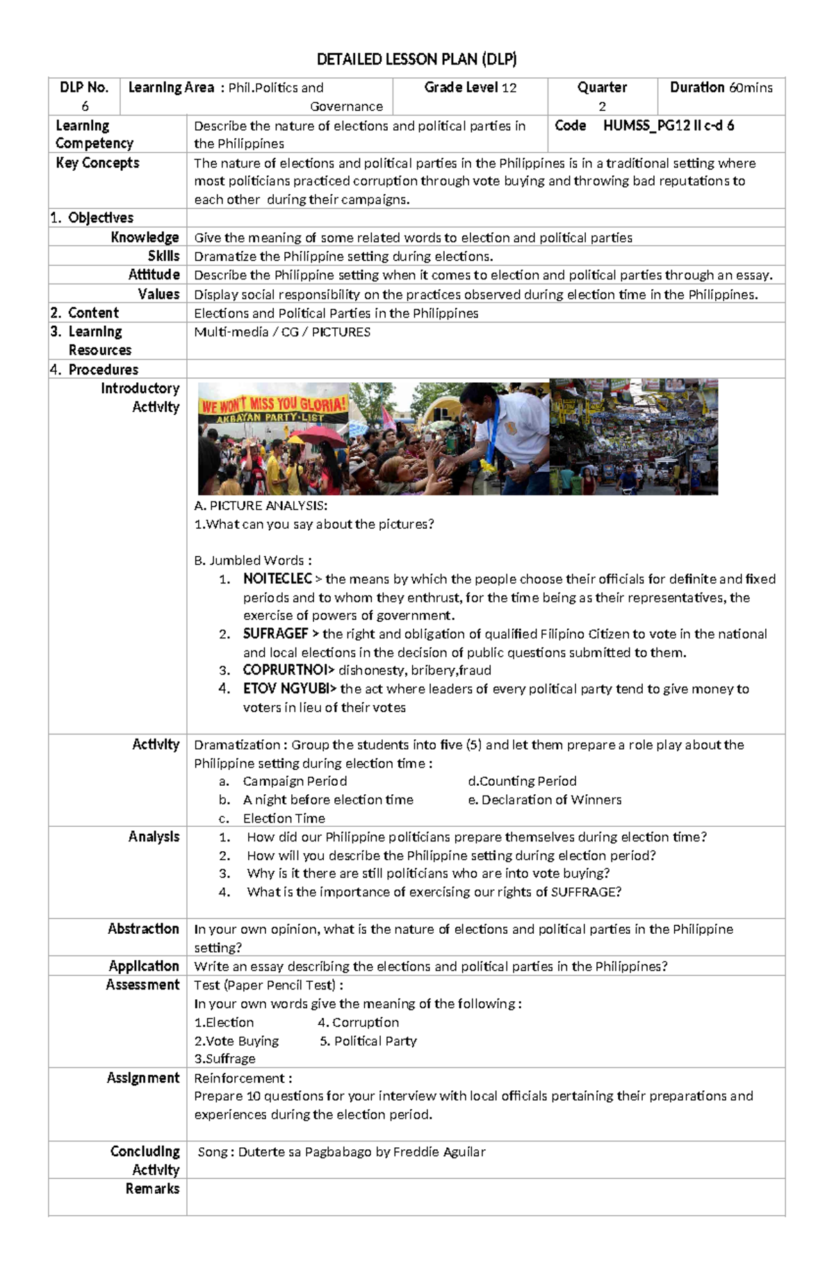 Detailed Lesson Plan (DLP) No. 6: Elections & Political Parties in PH ...