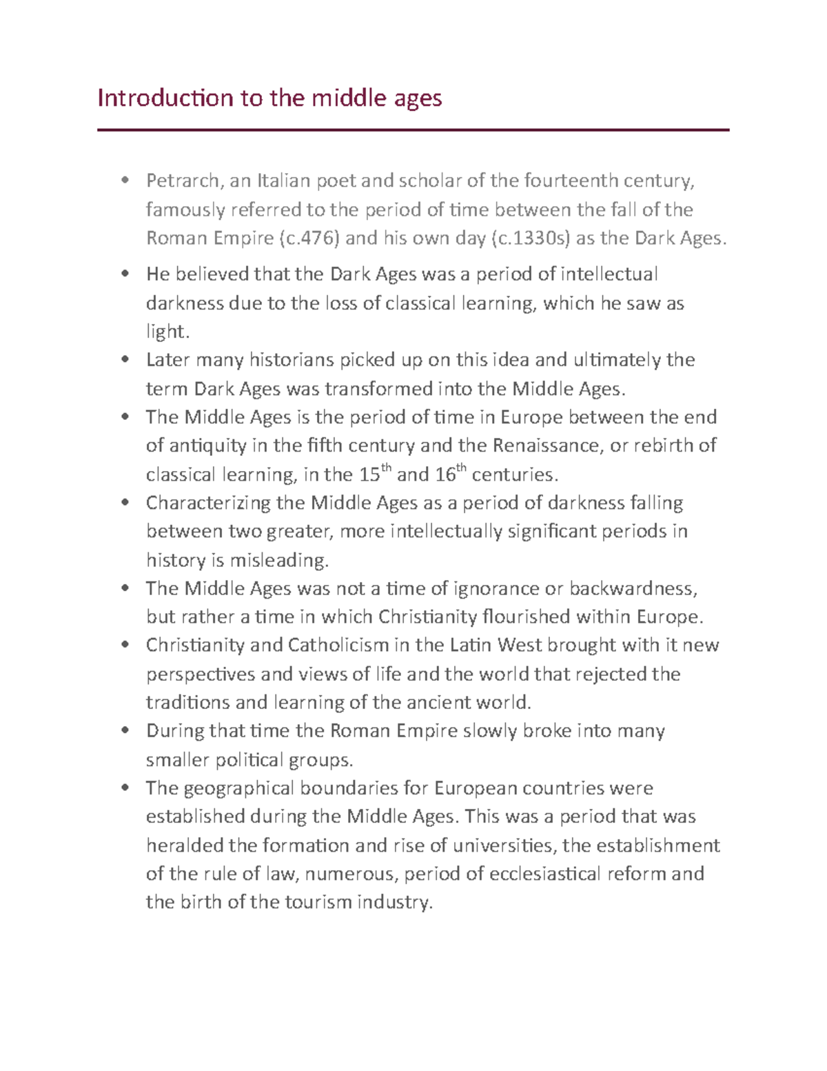 Introduction to Middle Ages - Introduction to the middle ages Petrarch ...