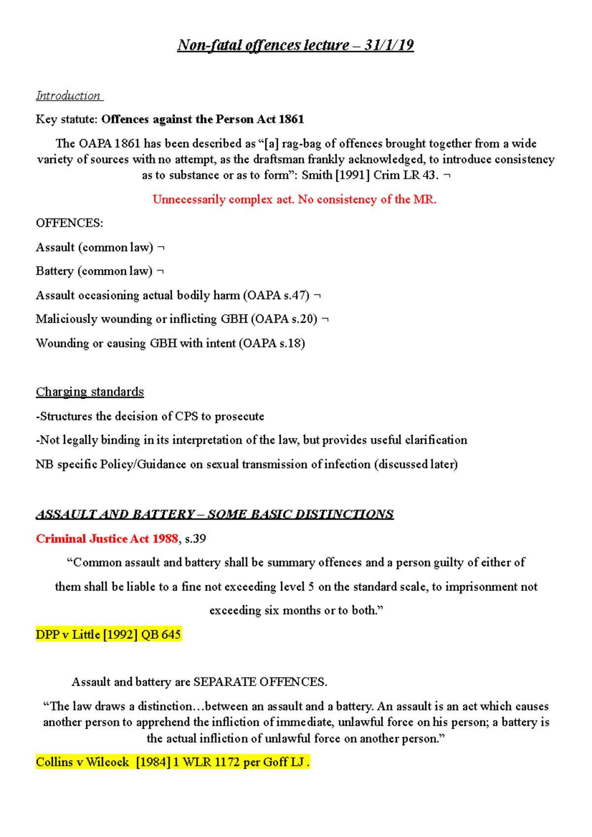Non-Fatal Offences Lecture Notes – Criminal Law (CL101) - Studocu