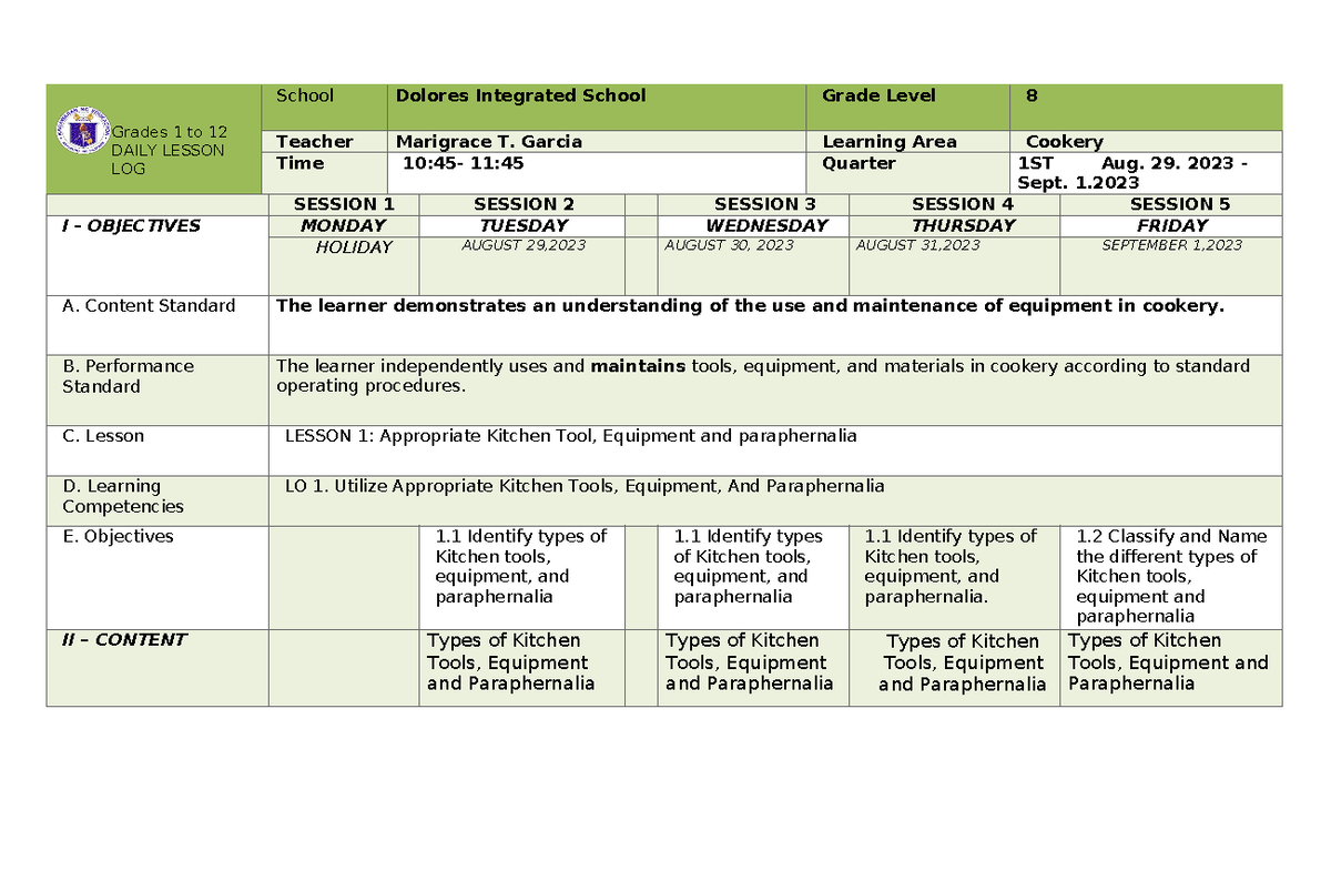 Daily Lesson Log: Cookery Grade 8 - Quarter 1 Activities - Studocu