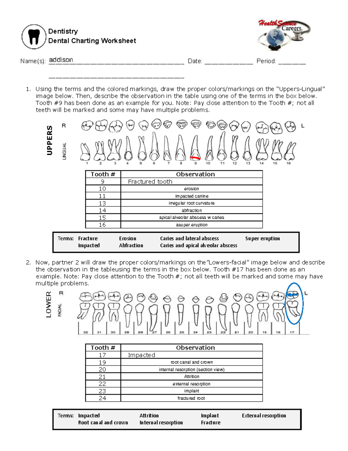 Dentistry Dental Charting Worksheet Activity 2 - Part 2 - Studocu