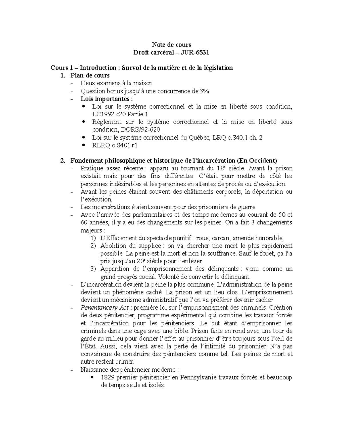 Note de cours - Droit carcéral (JUR): Introduction et Cours 1-6 - Studocu