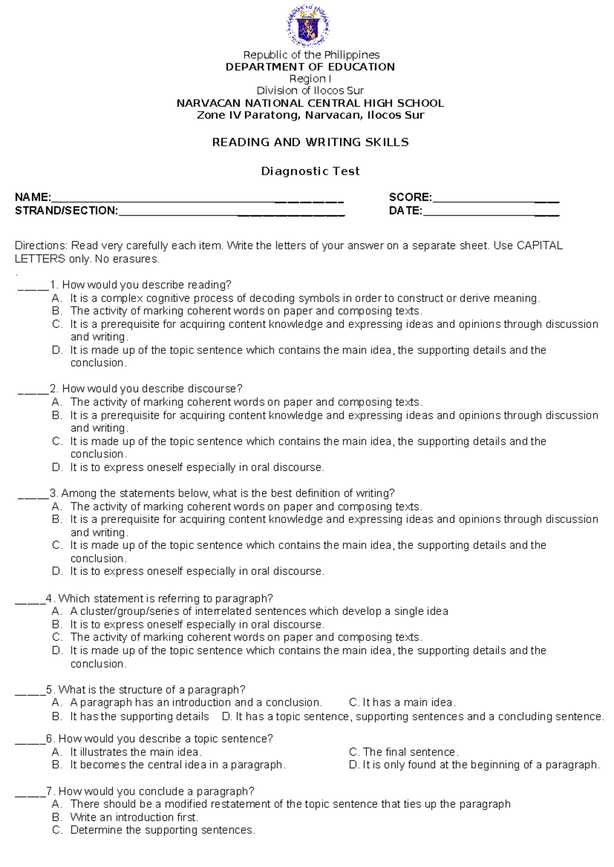 Reading and Writing Skills - Diagnostic Test - Studocu