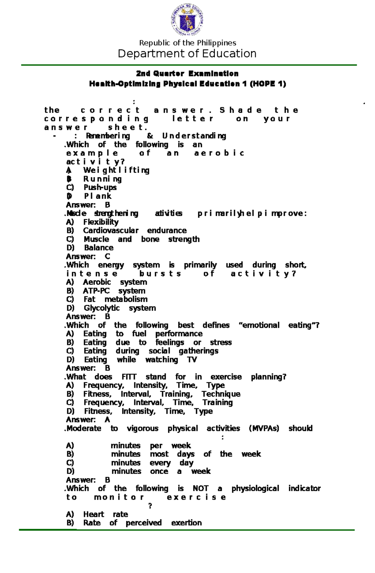 PE1 - HOPE 1 2nd Quarter Exam Review and Answers - Studocu
