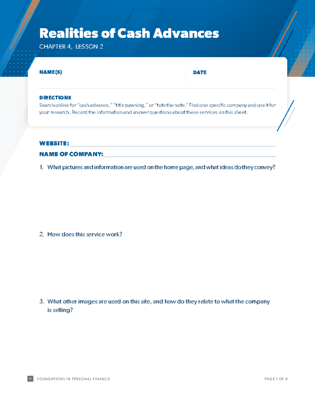 Foundations in Personal Finance: Cash Advances CH 4, Lesson 2 - Studocu