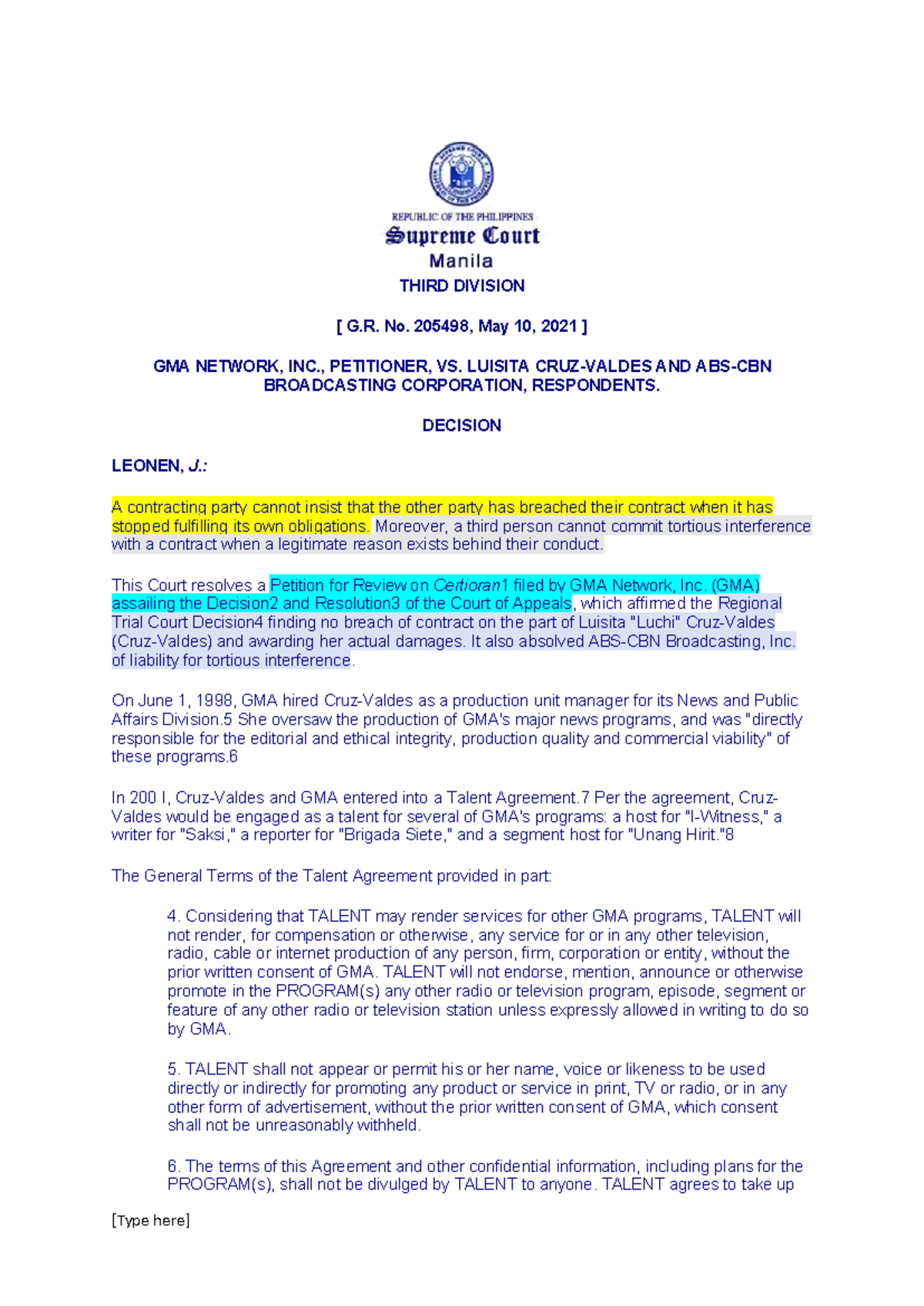 Tortious Interference Case: G.R. No. 205498 Decision Analysis - Studocu