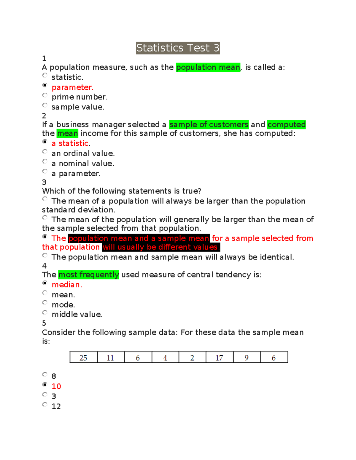 Statistics Test 3 - Comprehensive Review - Statistics Course Code: 101 ...