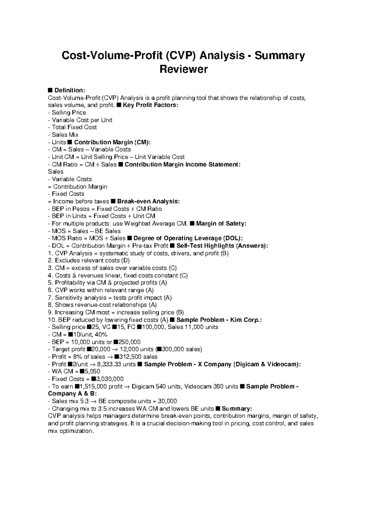 CVP Analysis Summary (Course Code: CVP) for Profit Planning Strategies ...