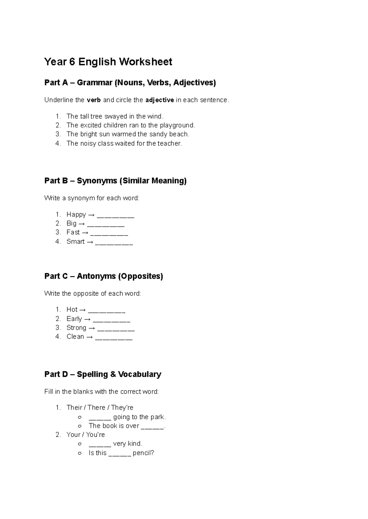 Year 6 English Worksheet: Grammar, Synonyms, Antonyms & Comprehension ...