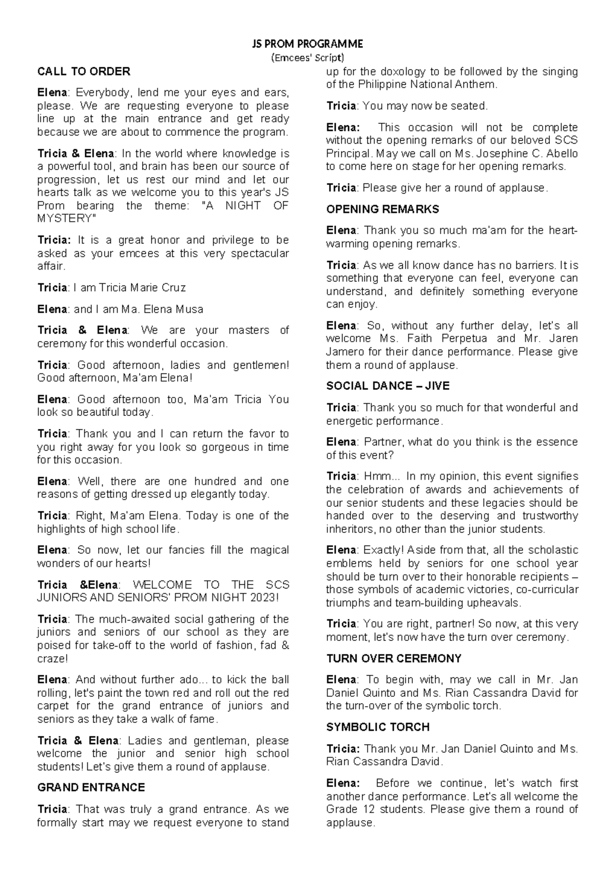 JS-PROM- Emcees' Script for the SCS Juniors & Seniors' Prom 2023 - Studocu